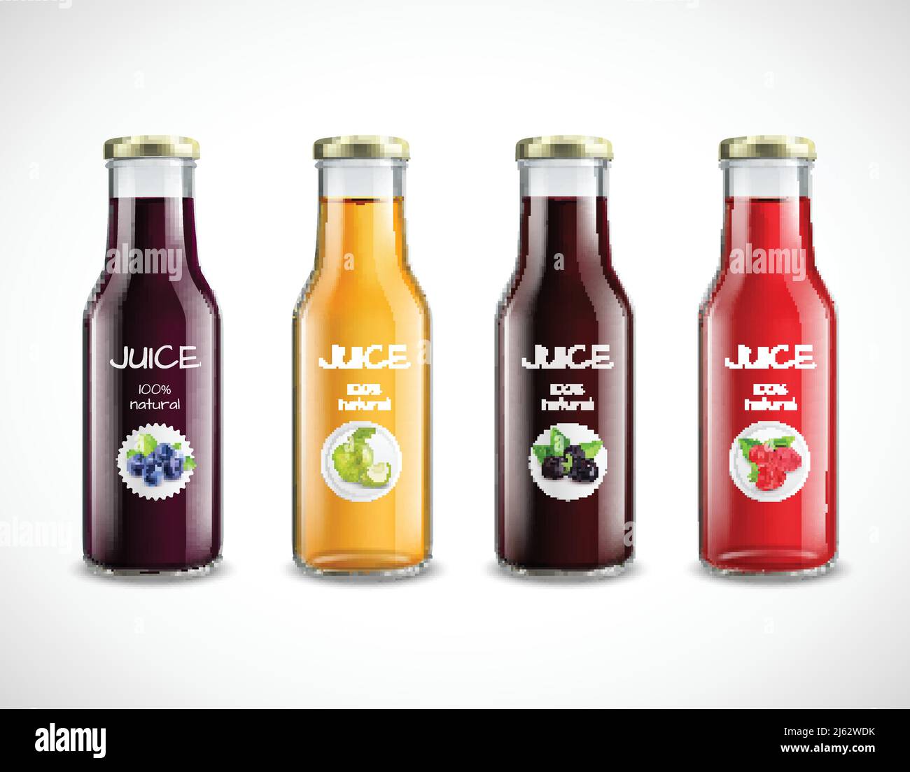Collection of glossy glass bottles with fruit juice and round labels on ...