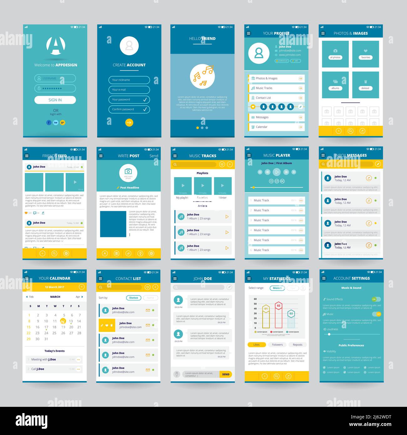 Set of mobile screens with UI for applications including music player ...