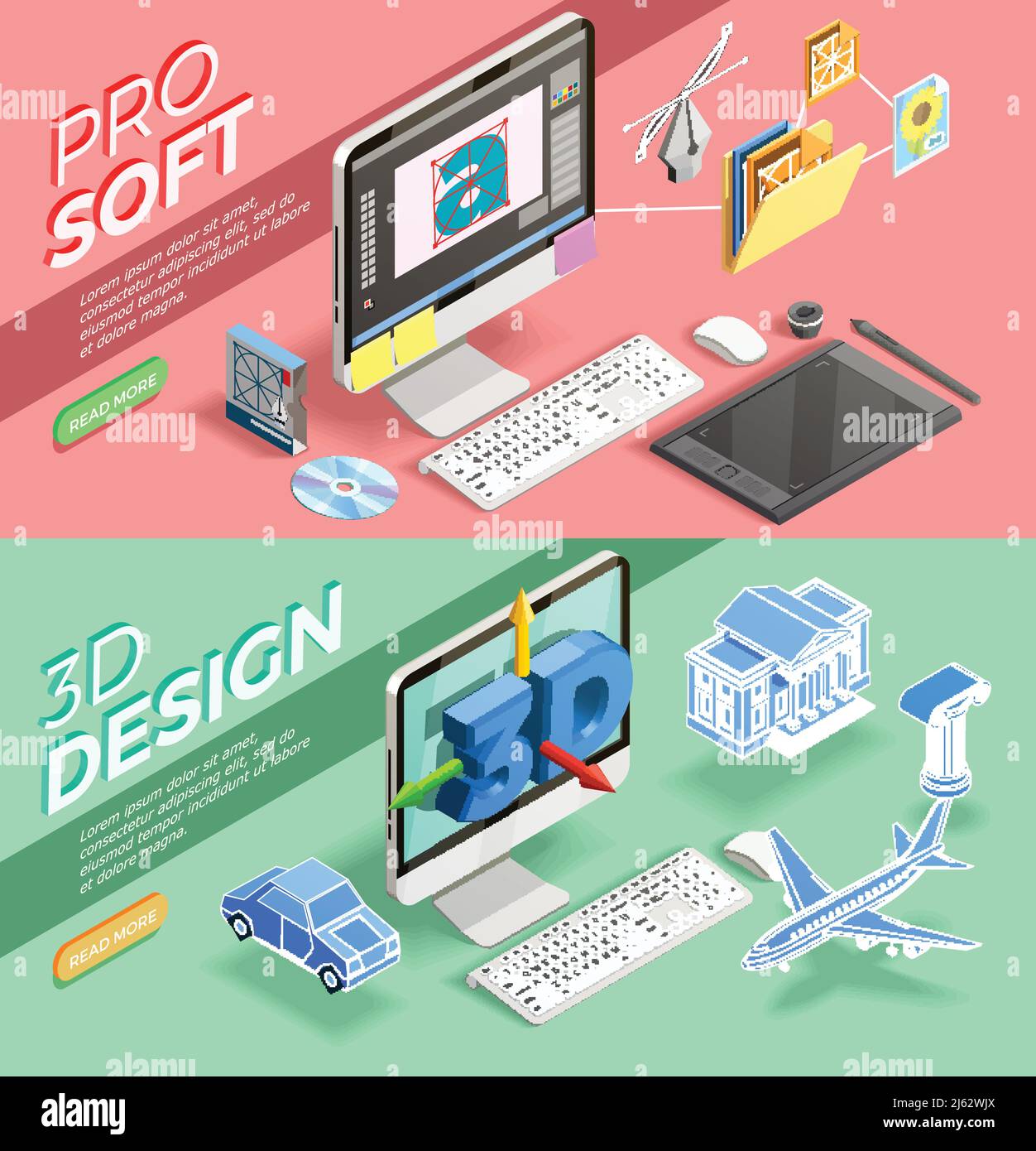 Graphic 3d design and various tools for work of designer horizontal ...