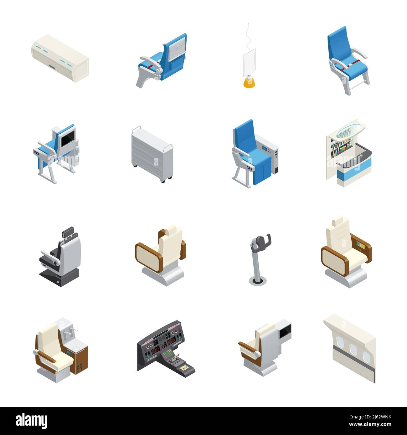 Isolated airplane interior isometric icon set with elements seats and ...