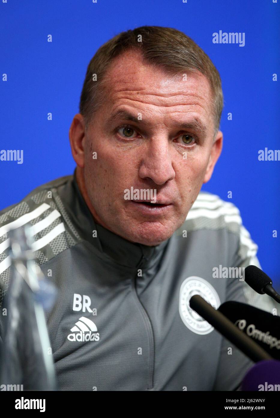 Leicester City manager Brendan Rodgers during a press conference at the ...