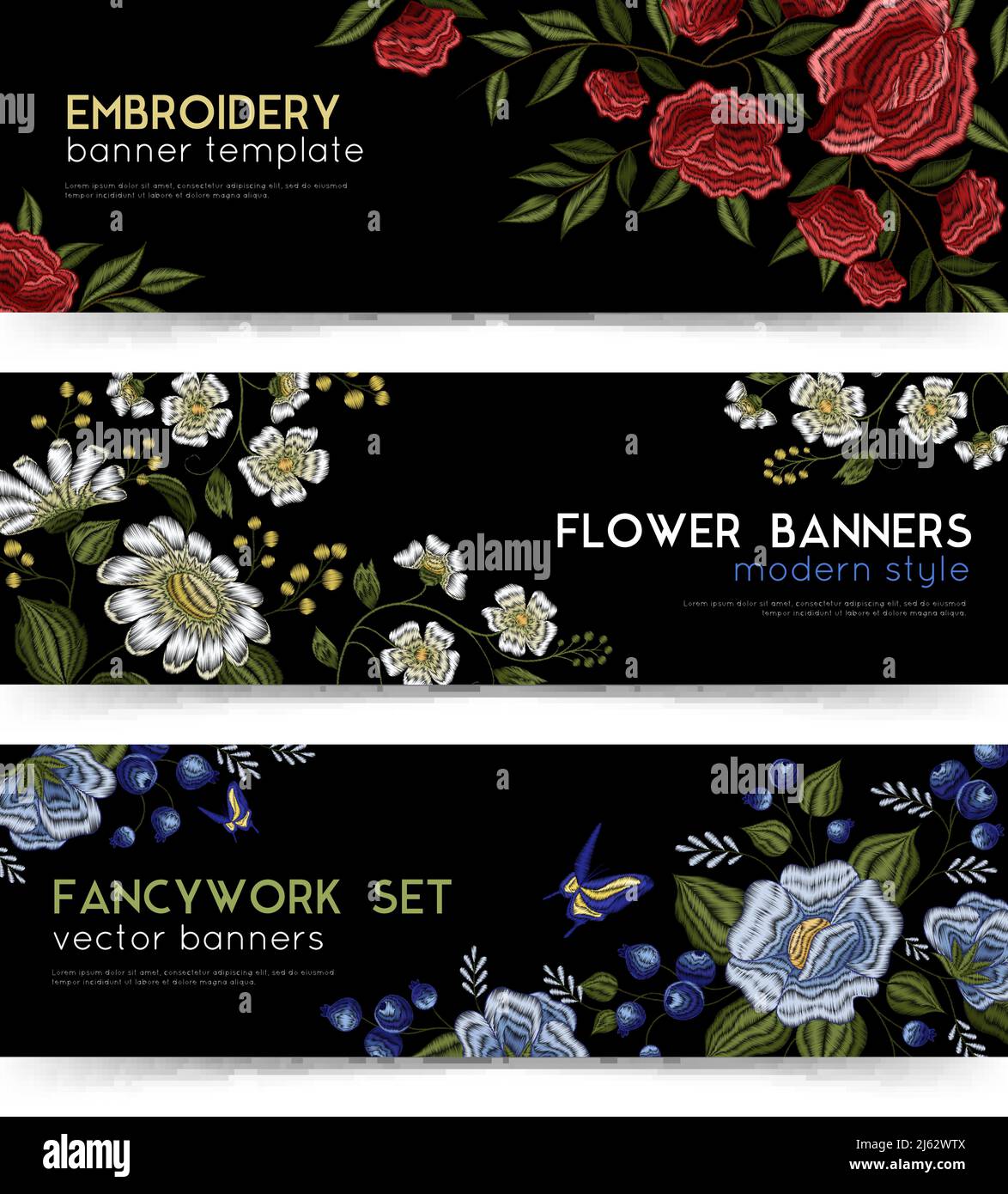 Floral folk embroidery design traditional style patterns 3 horizontal ...