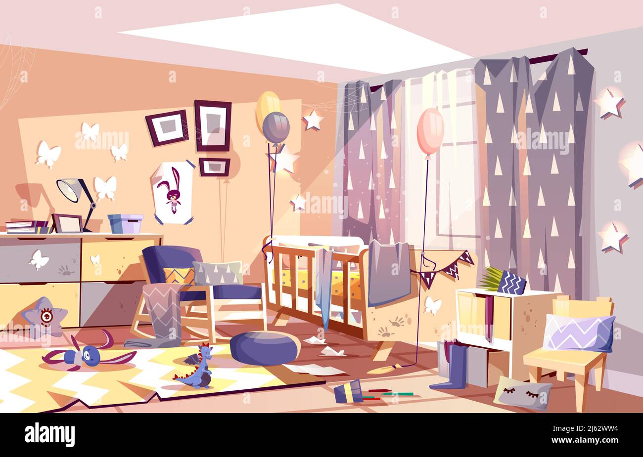 Little child messy room interior with scattered toys and traces of ...