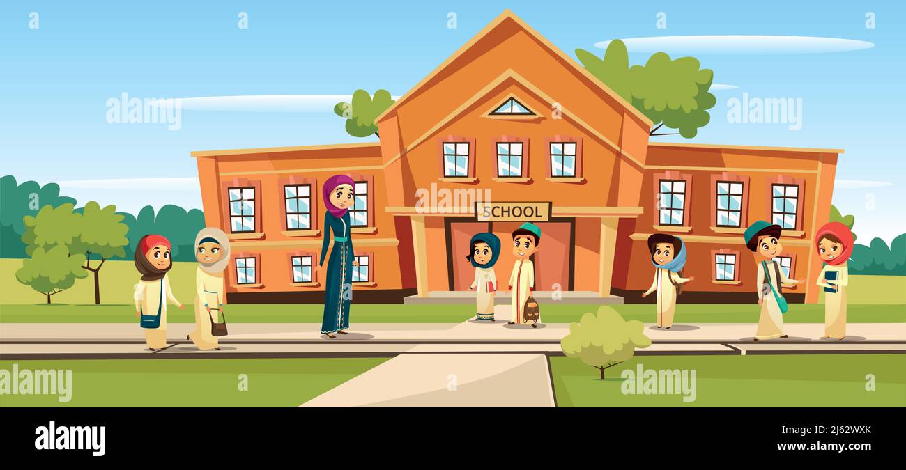 Muslim school vector illustration cartoon children and teacher going to ...