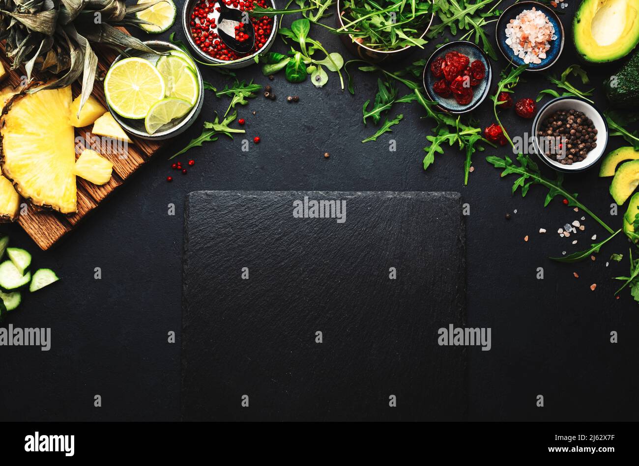 Healthy eating food layout and diet nutrition concept. Pineapple ...