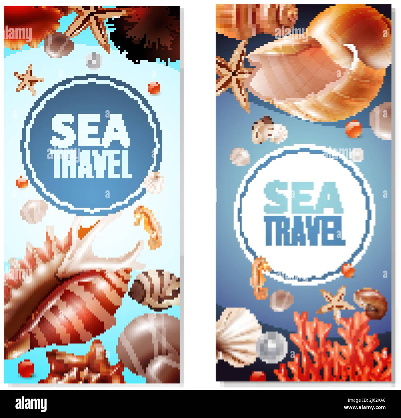 Sea travel vertical banners with various seashells and sea animals ...