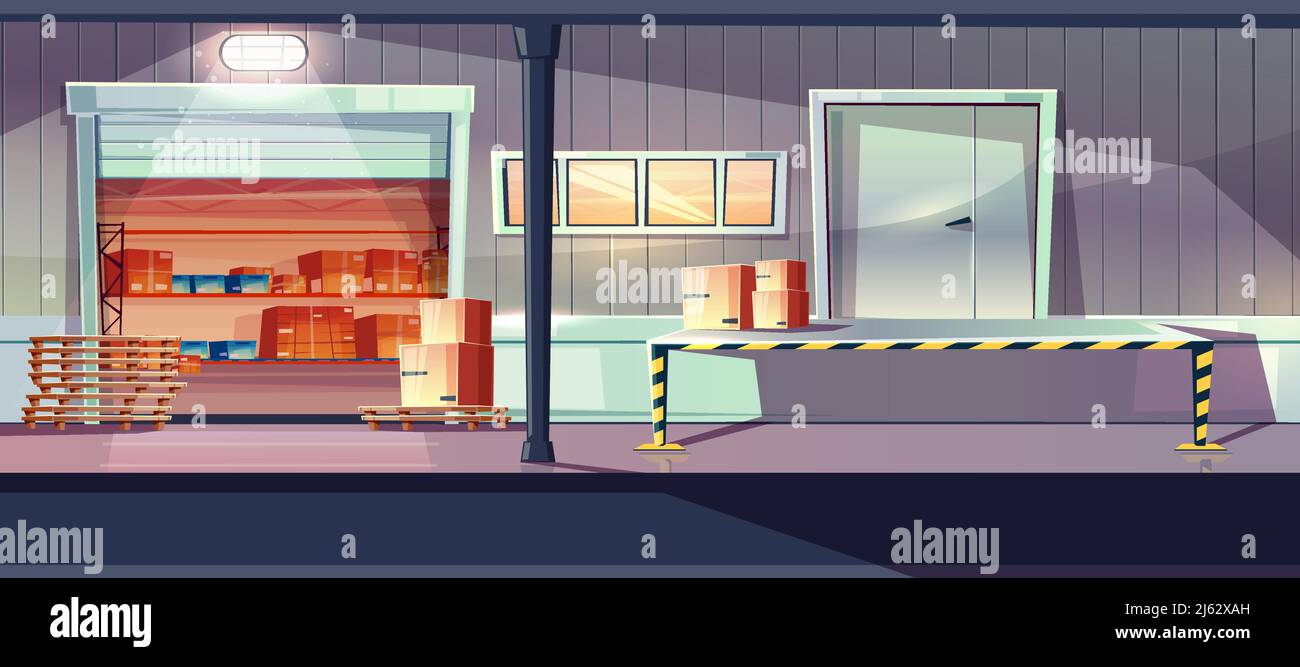 Industrial warehouse service entrances cartoon vector with open roll ...