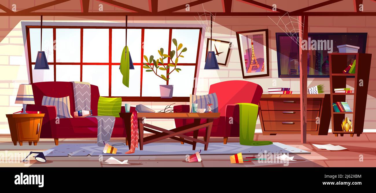 Messy living room with dirty dishes on table, spider web on ceiling and ...