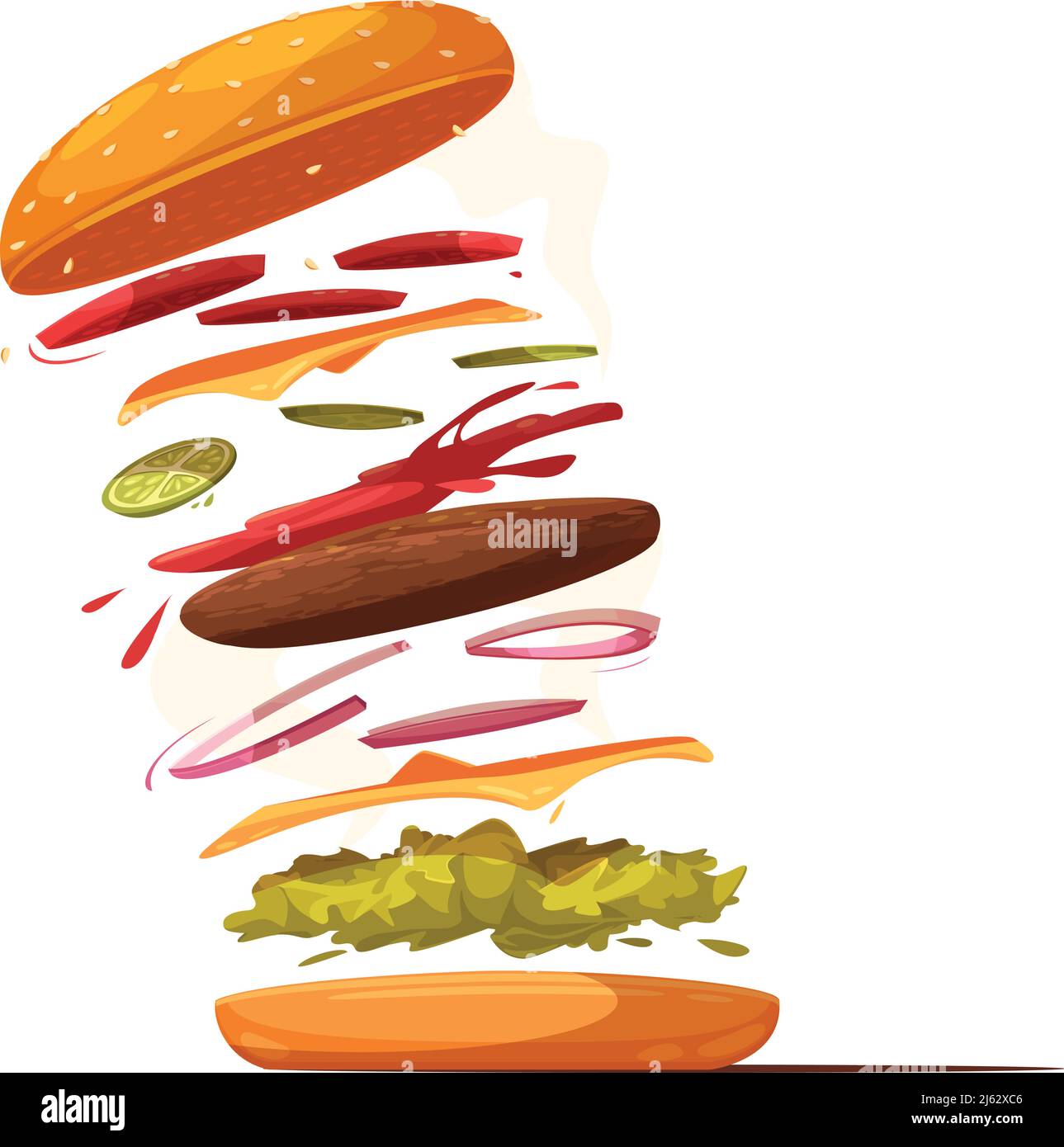 Hamburger ingredients design with beef cutlet cheese sliced vegetables ...