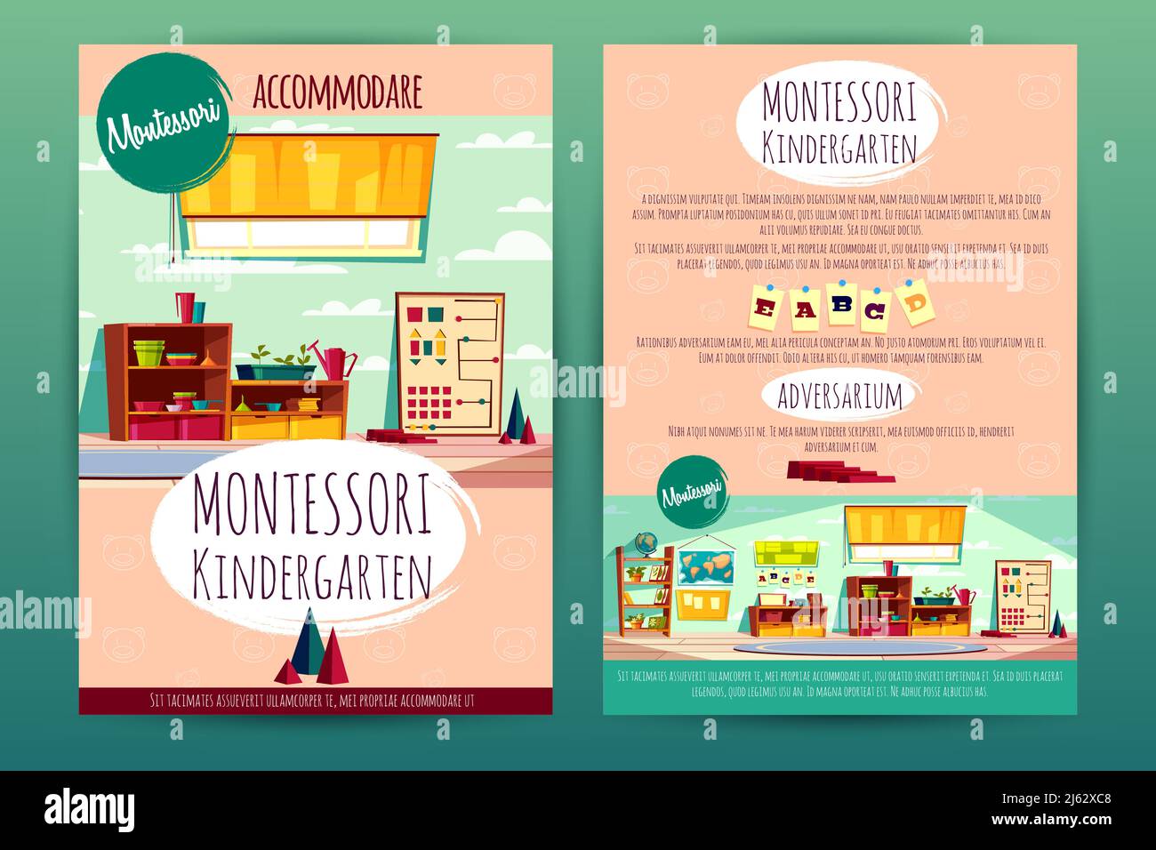 Vector brochures with Montessori kindergarten, teaching in cartoon ...