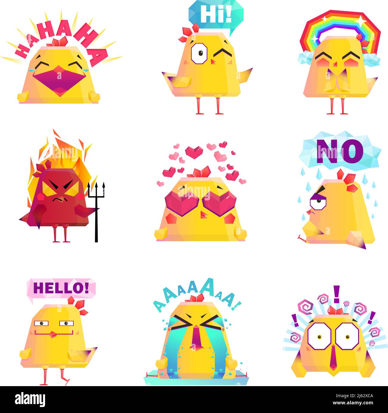 Funny chicken favorite cartoon character icons collection with happy ...