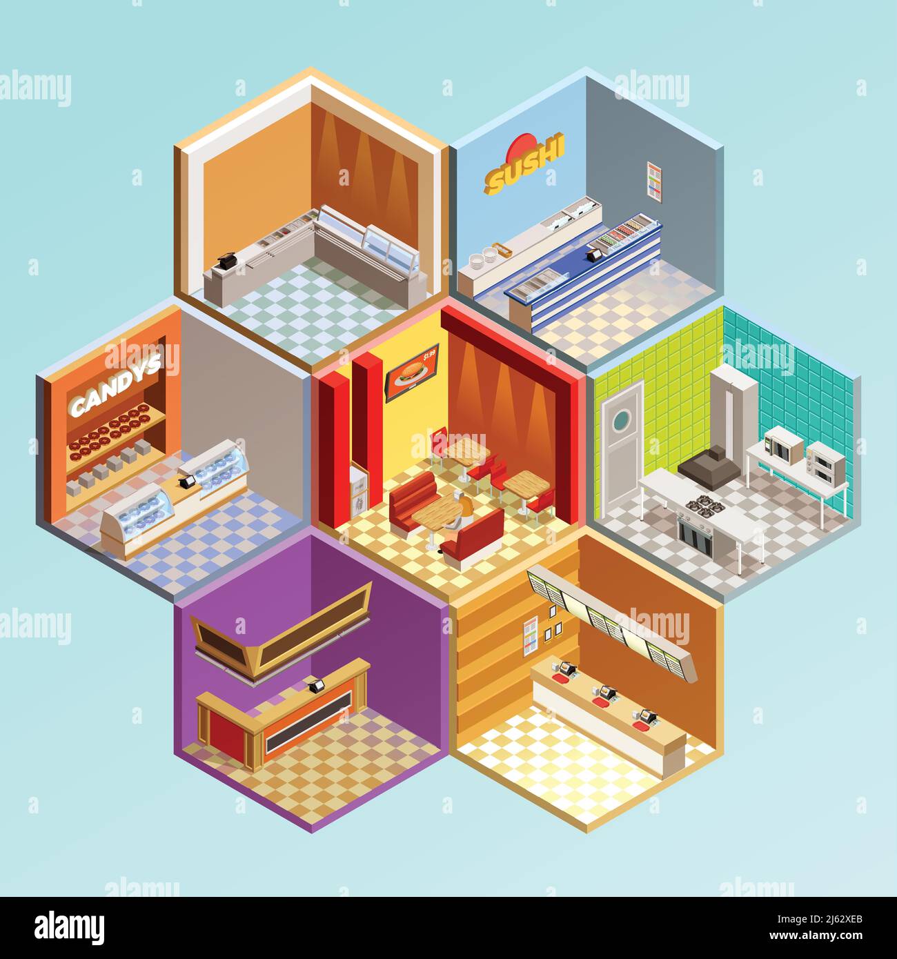 Food court composition with seven isometric cafe restaurant room ...
