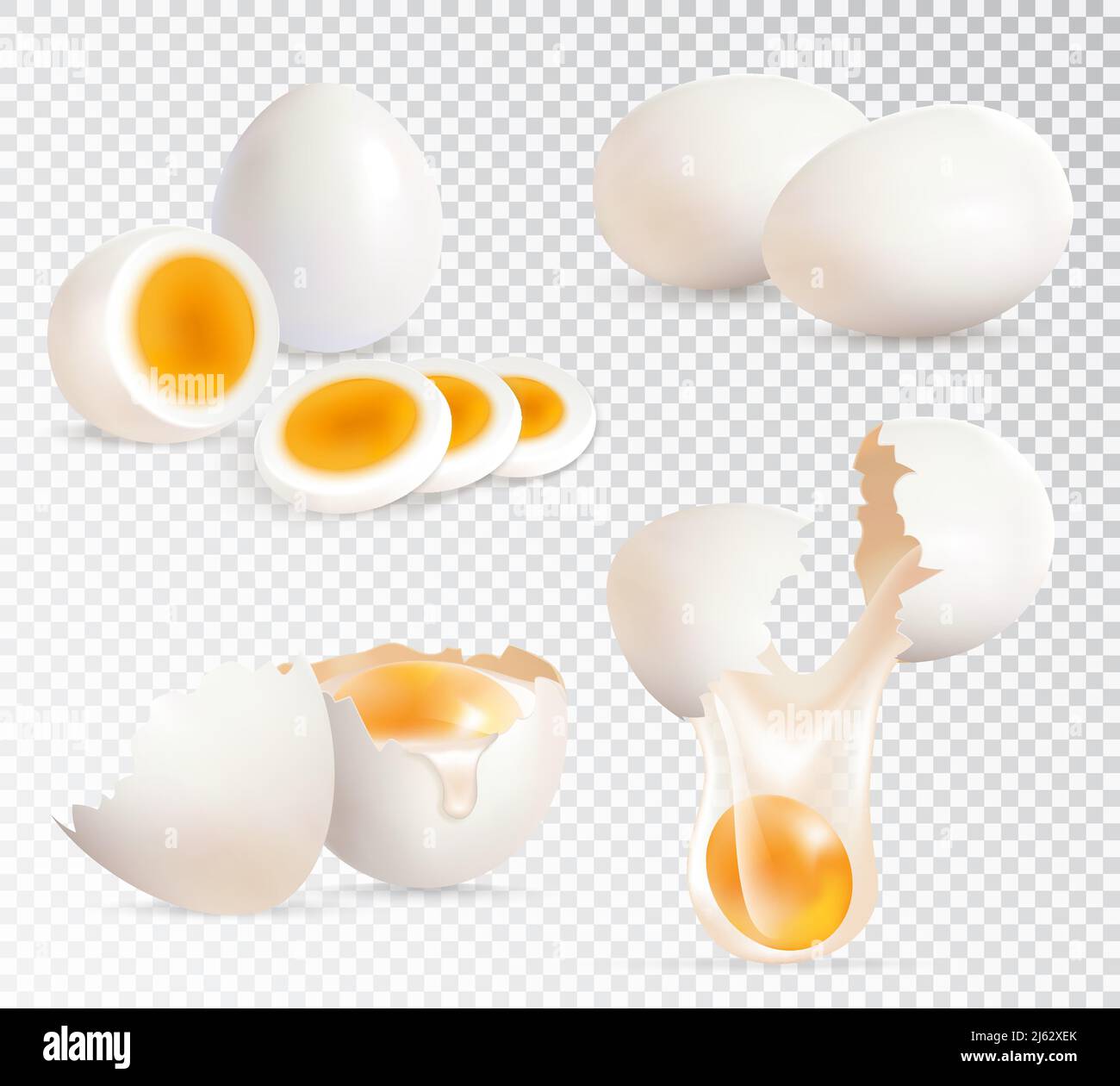 Realistic set of hard boiled and uncooked eggs isolated on transparent background vector ...