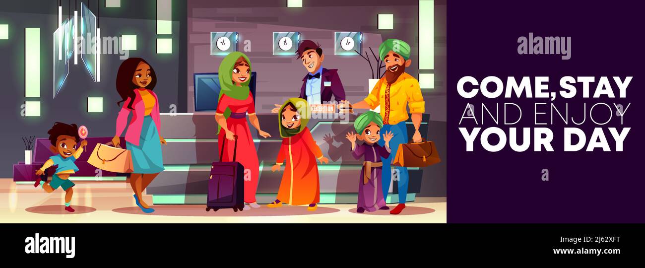 Vector cartoon background of hotel reception, flyer or ad poster ...