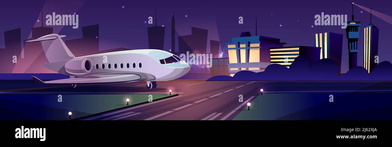 Private passenger plane or personal business jet on runway at night ...