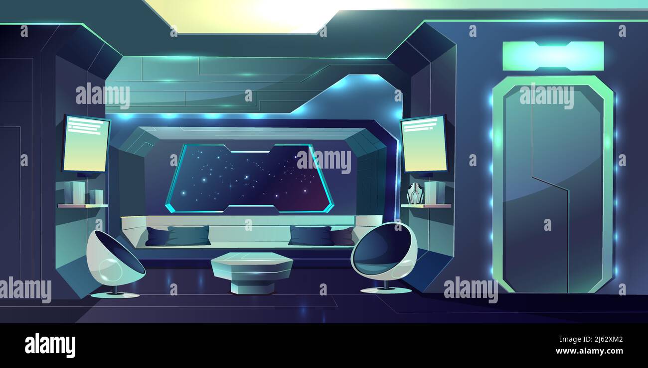 Future spaceship crew cabin futuristic interior cartoon vector ...