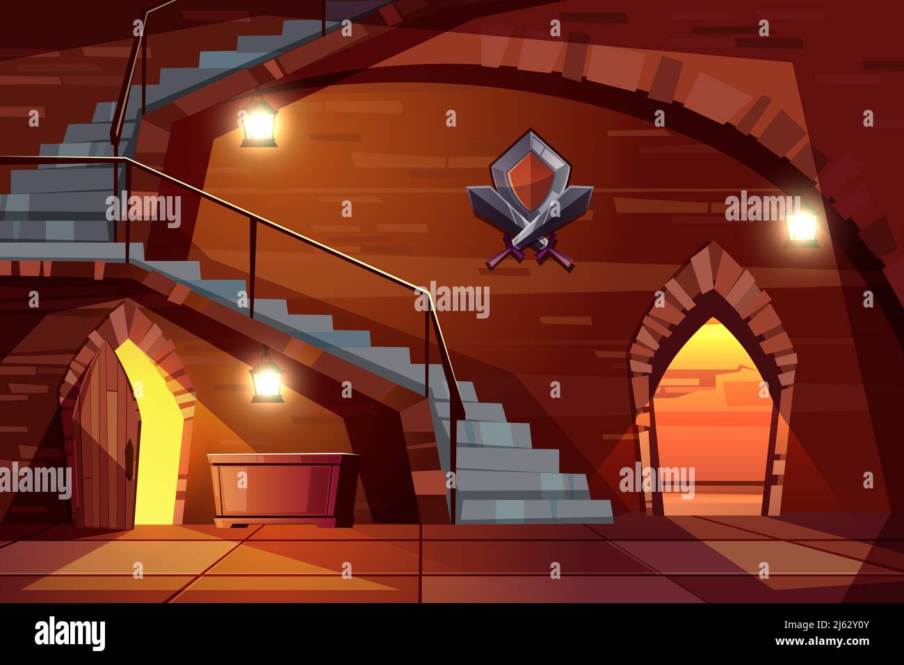 Dark dungeon of medieval castle with walls of stone, long staircase ...