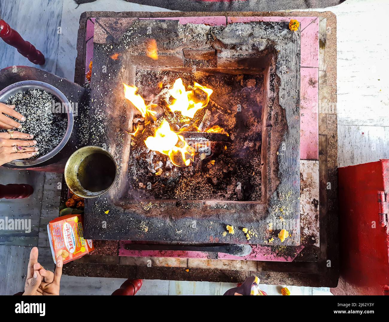 hindu holy rituals with fire from top angle at day image is taken ...