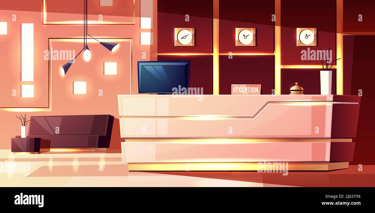 Vector cartoon background of hotel reception, cozy foyer. Modern desk ...