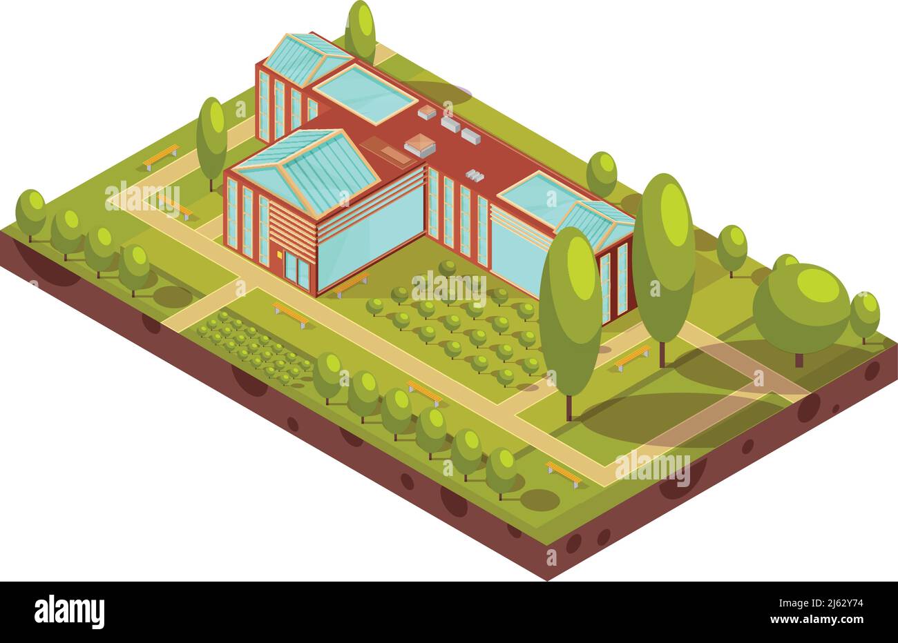 Isometric layout of university red building with glass roof green trees ...