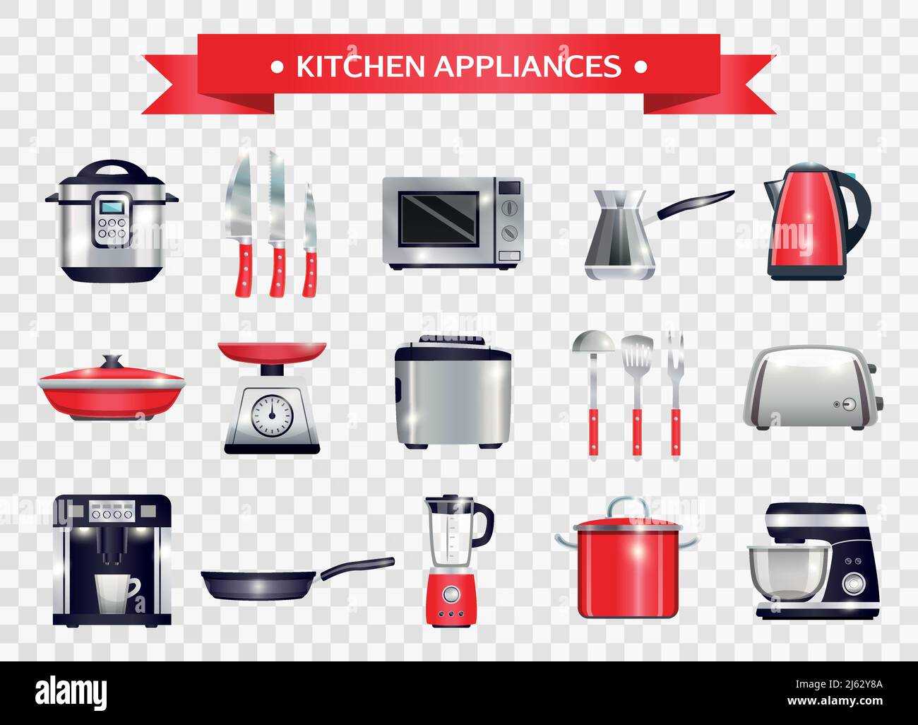 Set of kitchen appliances including slow cooker, microwave, coffee ...