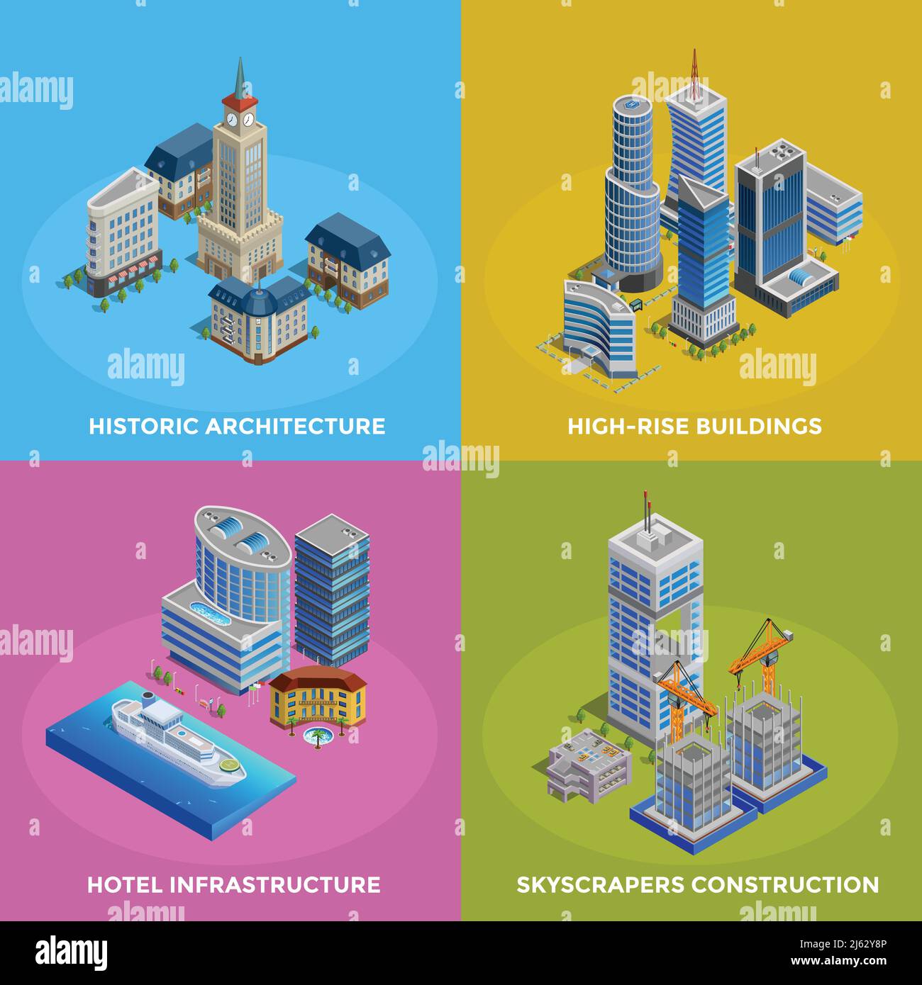 Isometric city 2x2 icons set with different kinds of historic and ...