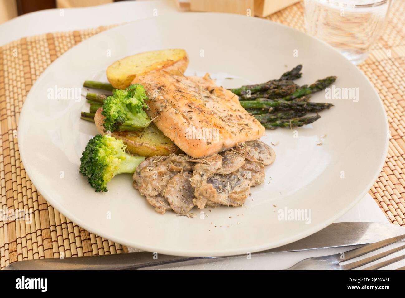 dish of fried river trout fillet with garnish of broccoli, asparagus ...