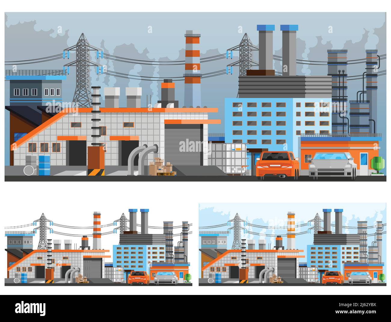 Factory buildings orthogonal compositions set flat isolated vector ...