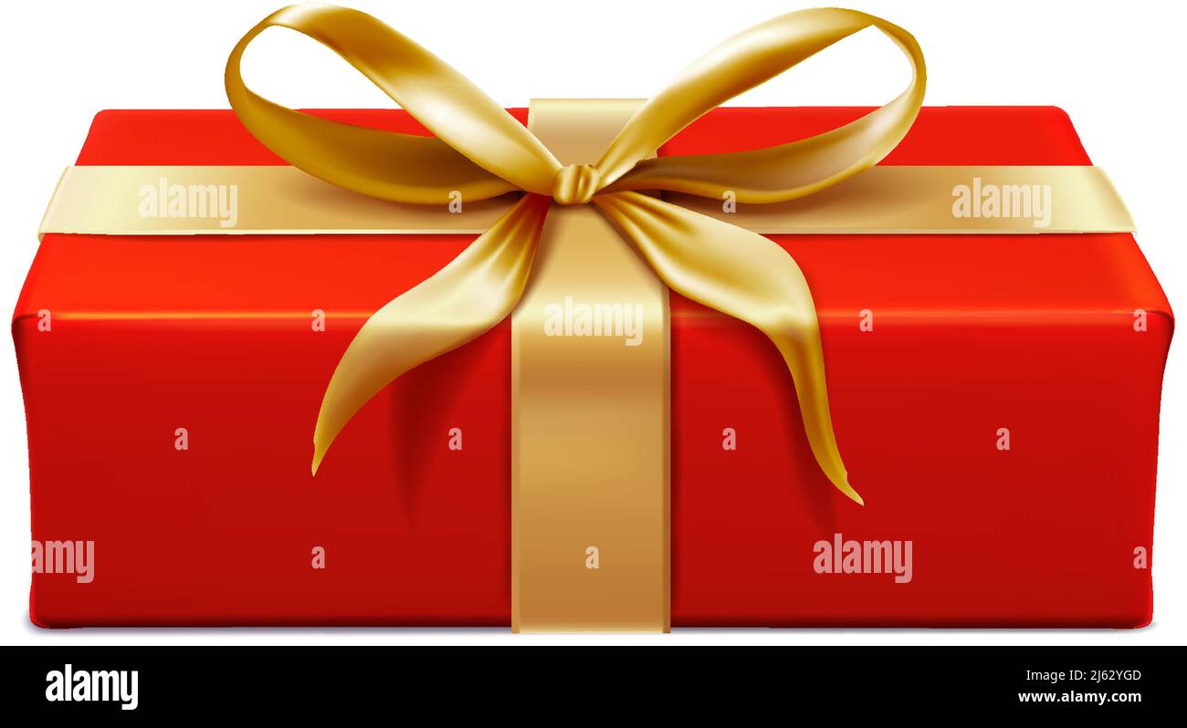 3d realistic vector icon. Red rectangular present box with gold ribbon ...