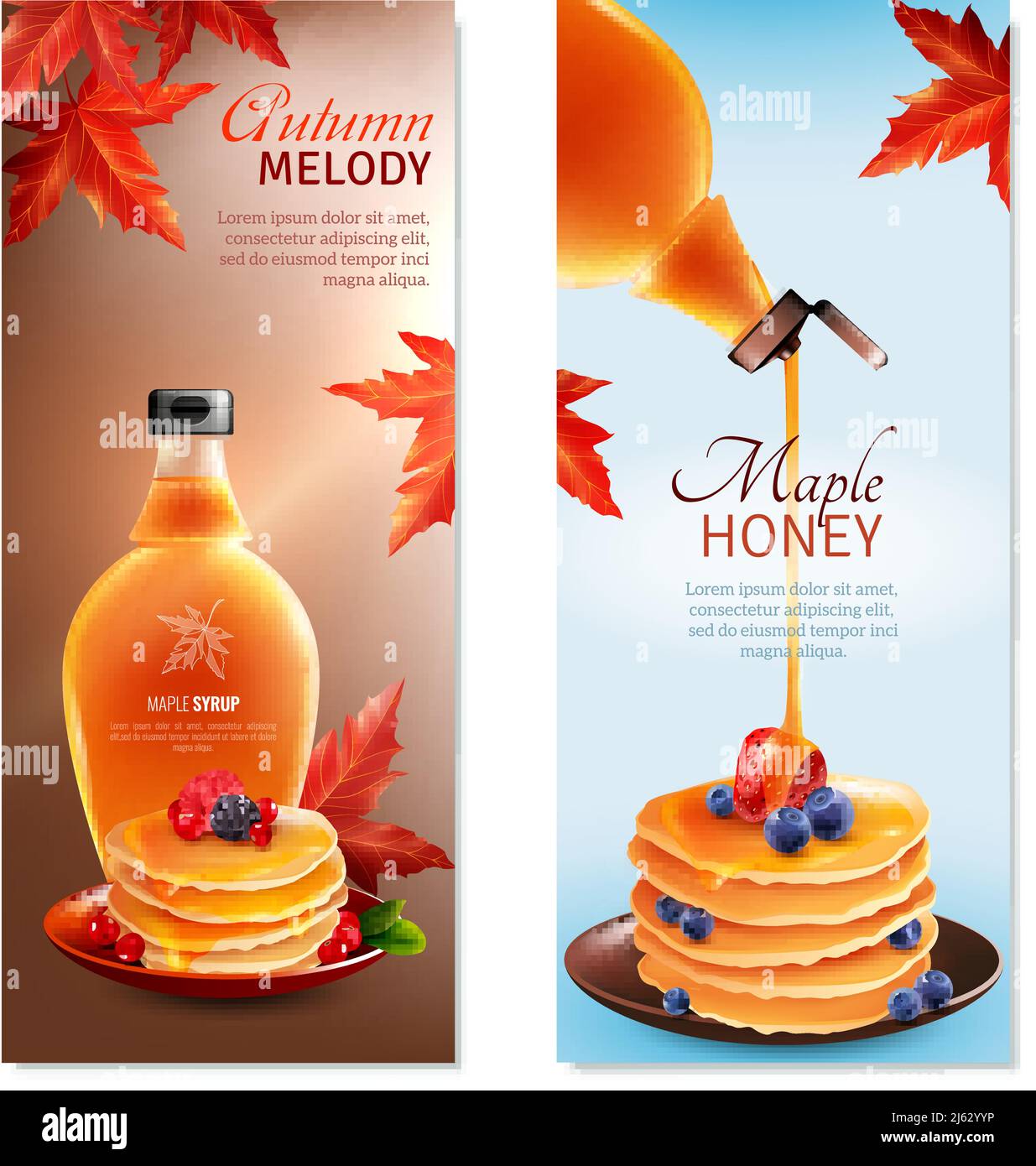 Maple syrup horizontal banners set with autumn melody symbols cartoon ...