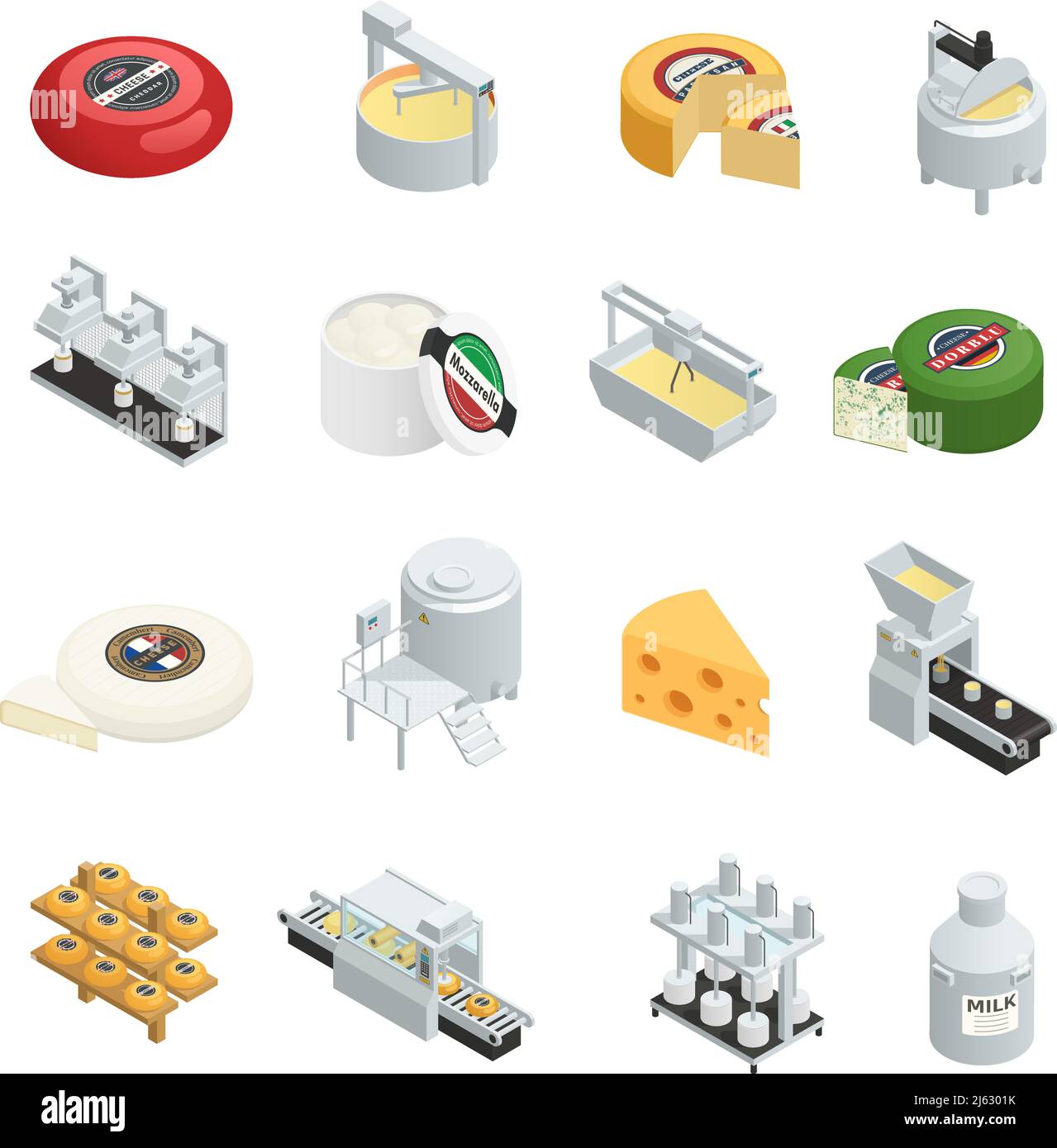 Dairy production factory isometric icons set with creamy soft and hard ...