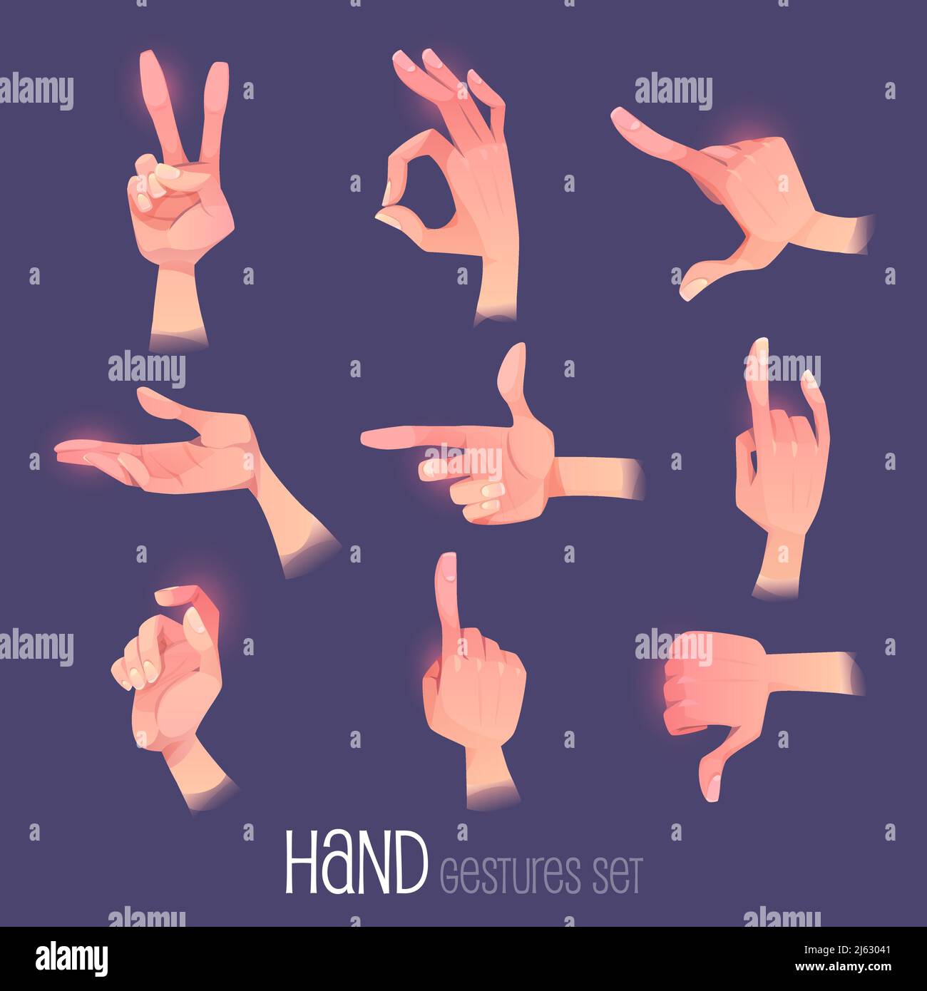 Hand gestures set. Human palm in different positions gesturing, show ...