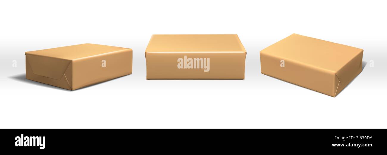 3d realistic vector icon set. Set cardboard rectangular boxes in side ...