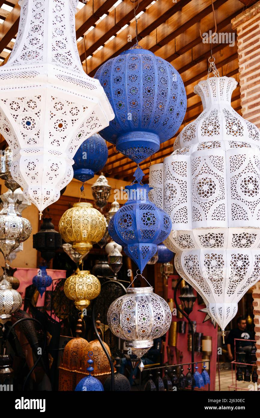 Lighting lantern and lamp hanging in the market at Marrakech, Morocco ...