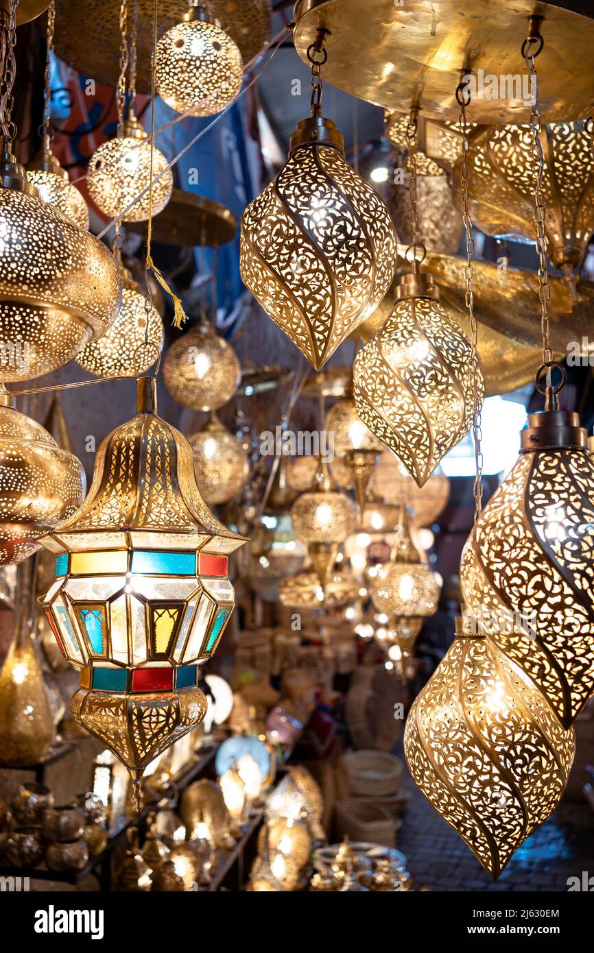 Lighting lantern and lamp hanging in the market at Marrakech, Morocco ...