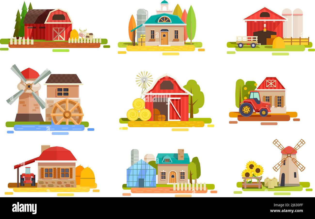 Farm flat collection with doodle style scenery images of mill ...
