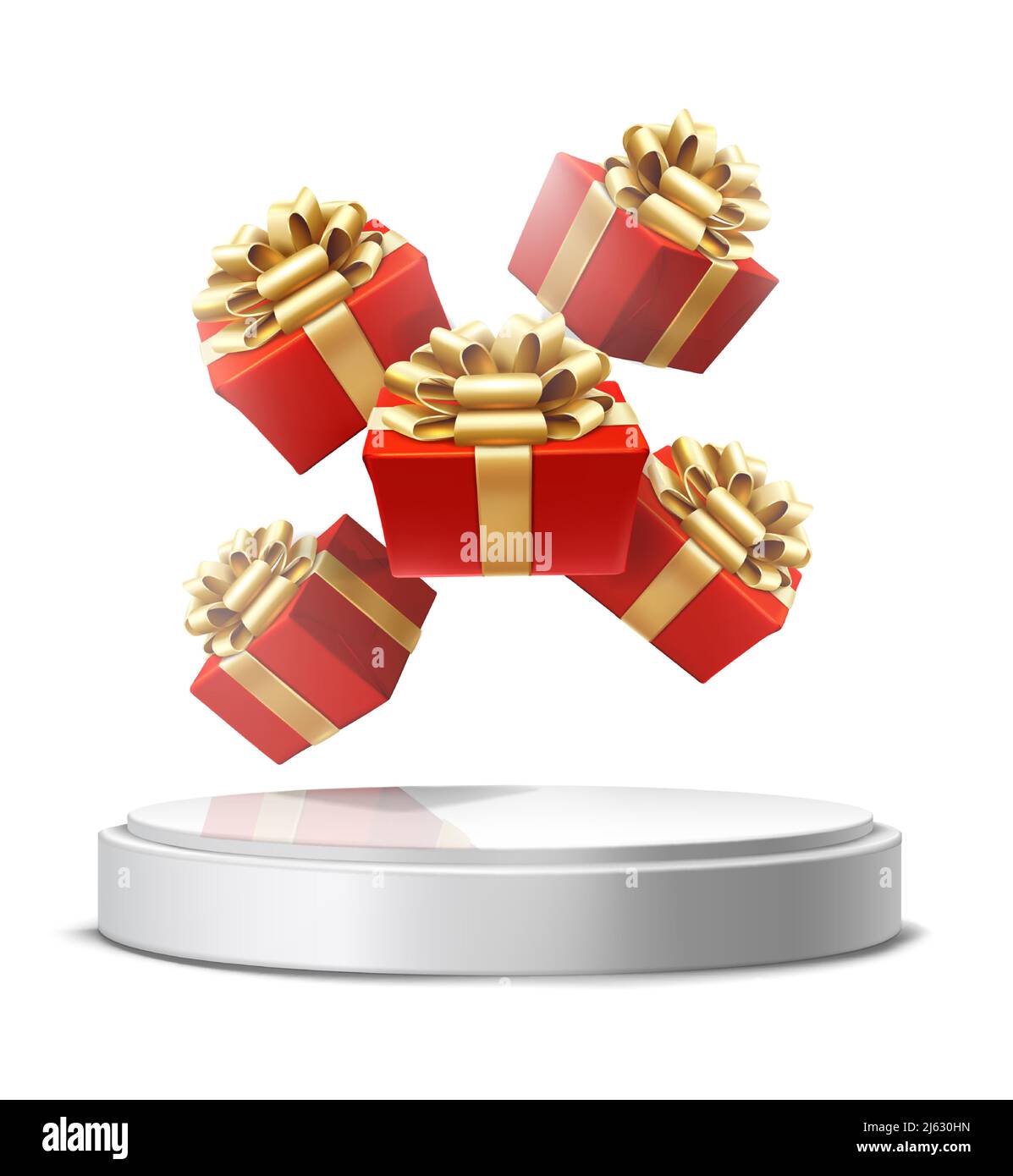 3d realistic vector background. Red present boxes with golden ribbons ...