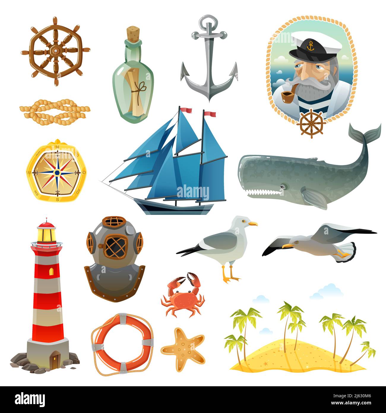 Sea nautical decorative color elements set of lighthouse captain with ...