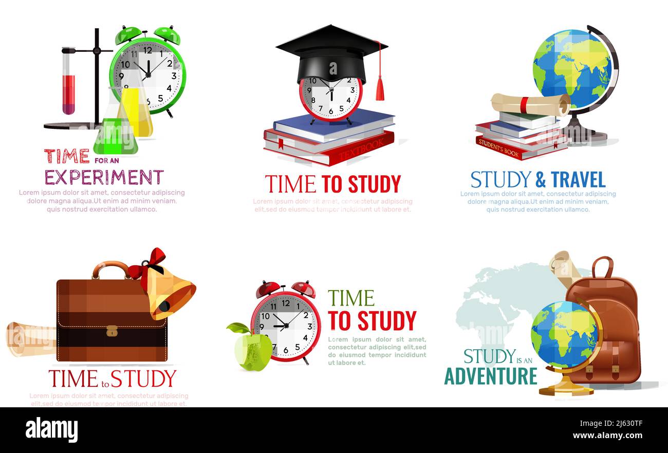School graduation icons set with time to study symbols cartoon isolated ...