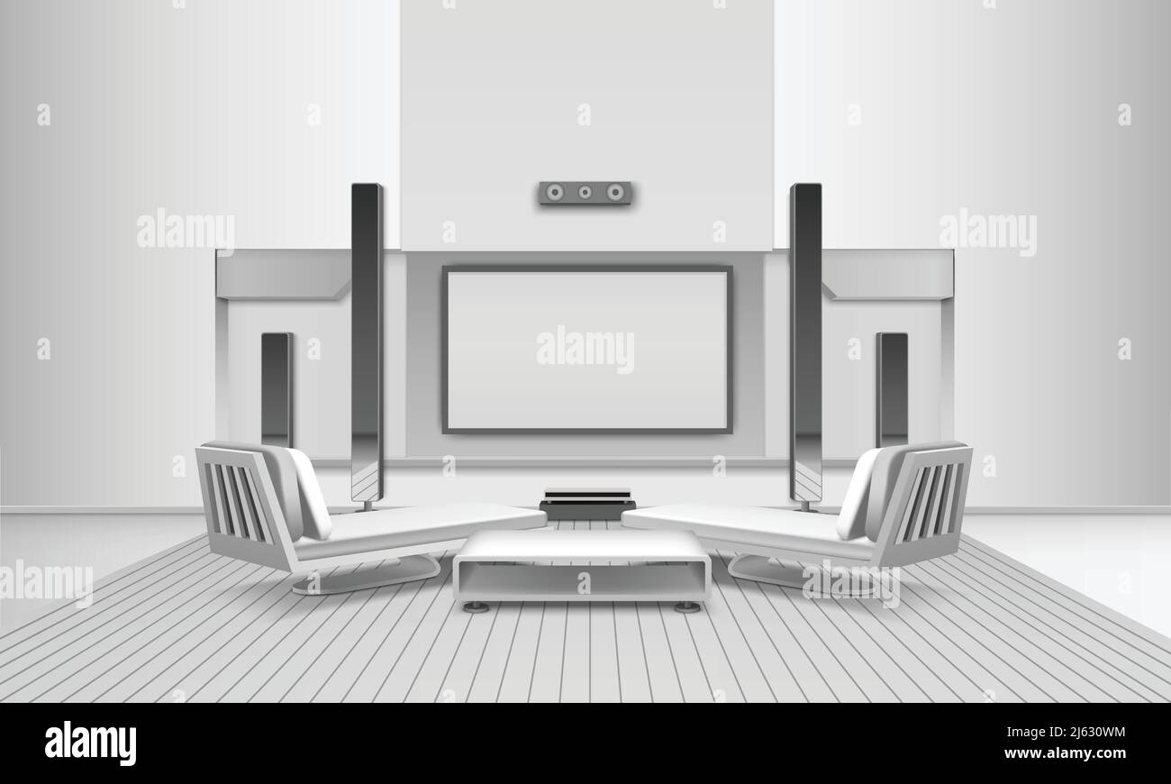 Modern home cinema interior in white tones with display and ...