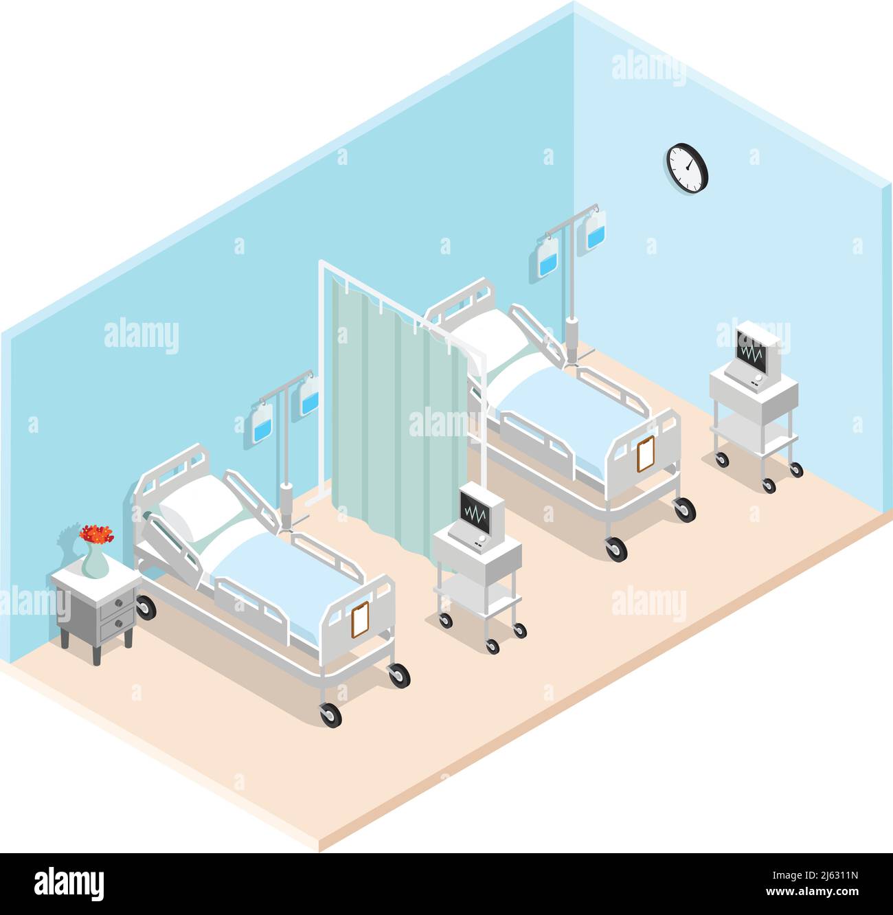 Hospital ward isometric interior with specialized medical beds for ...