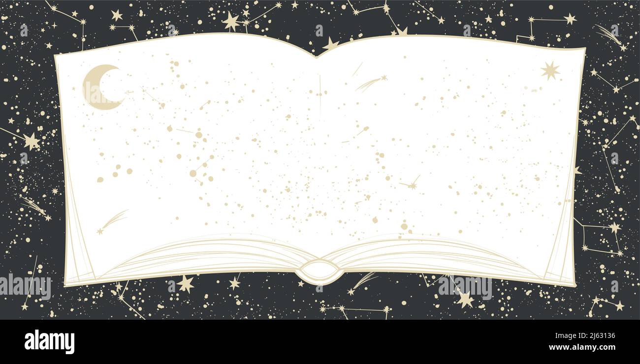 An open book with the moon against a black sky with stars. Vector ...