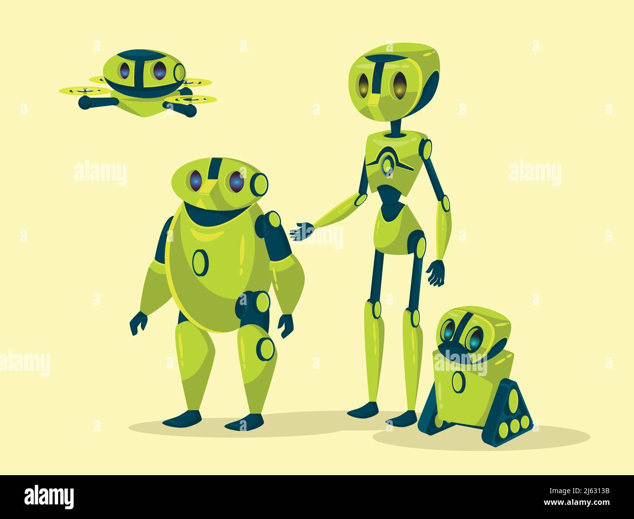 Vector cartoon green robots set. Humanoid cyborgs with body, arms, legs ...