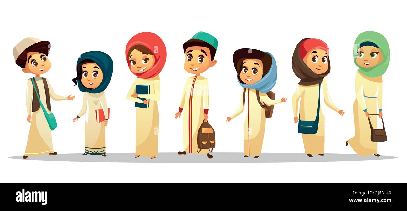 Vector cartoon arab young teen men, women student standing with ...