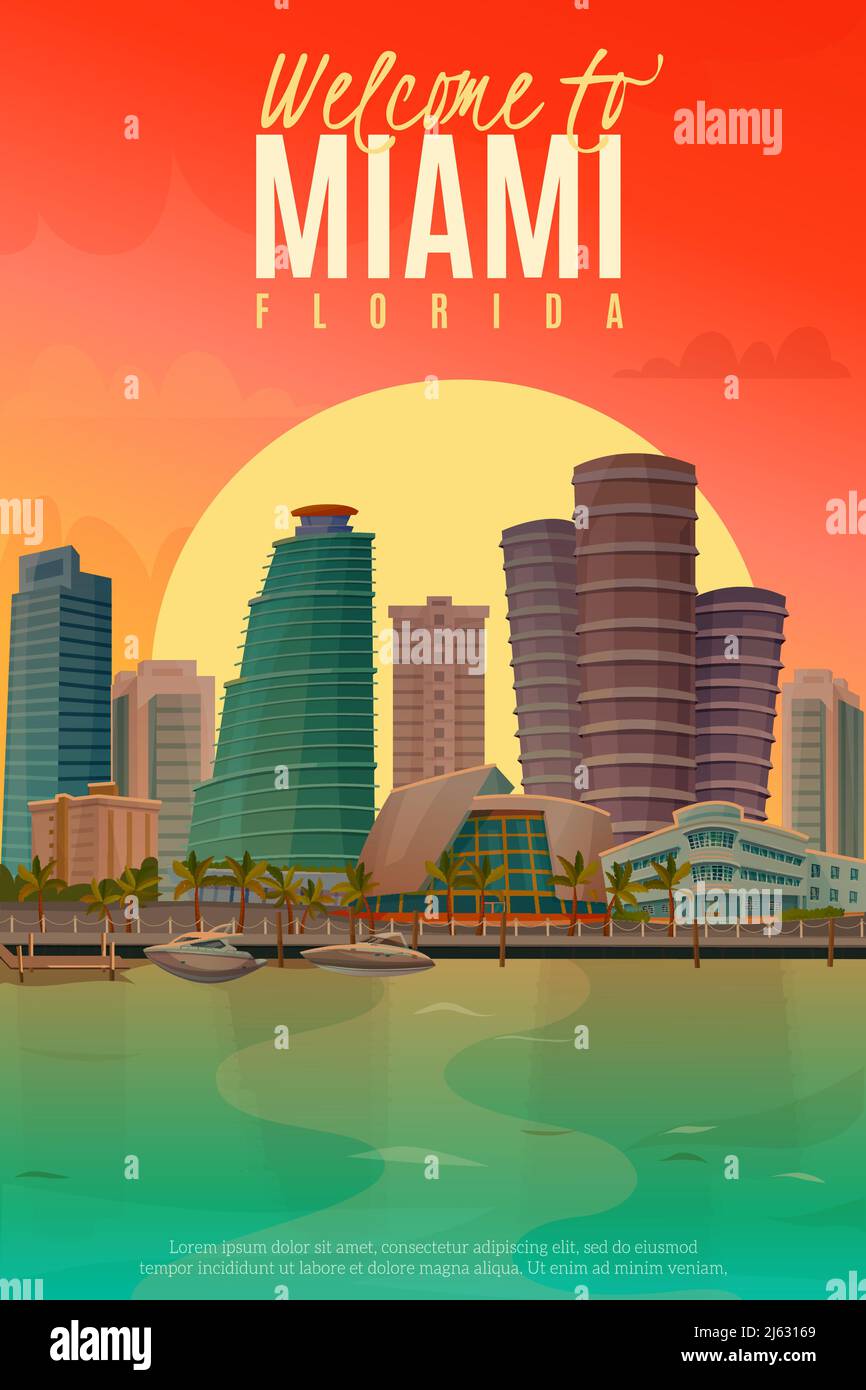 Flat design poster with beautiful evening scene of Miami vector ...