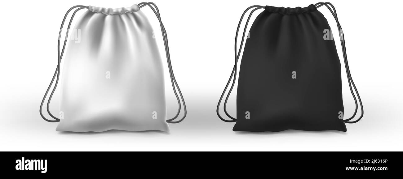 3d realistic vector icon set. White and black pack. Drawstring bags ...