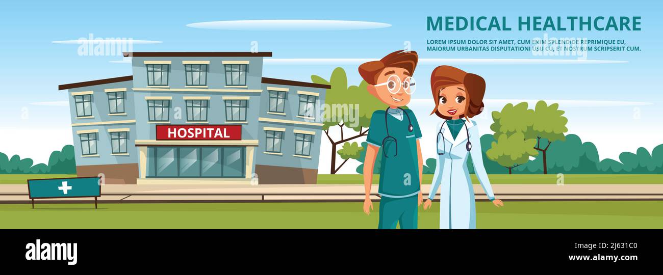 Vector cartoon male female doctor, nurse hospital background ...