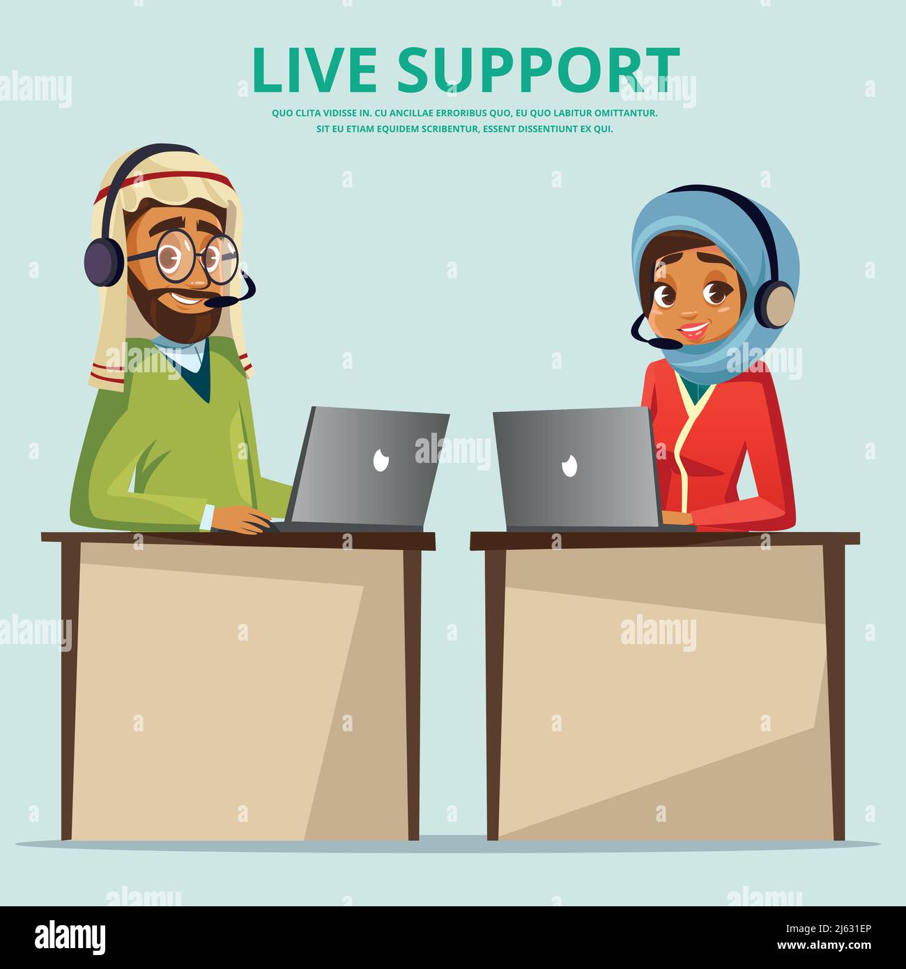 Vector cartoon muslim arab man woman call center helpline workplace ...