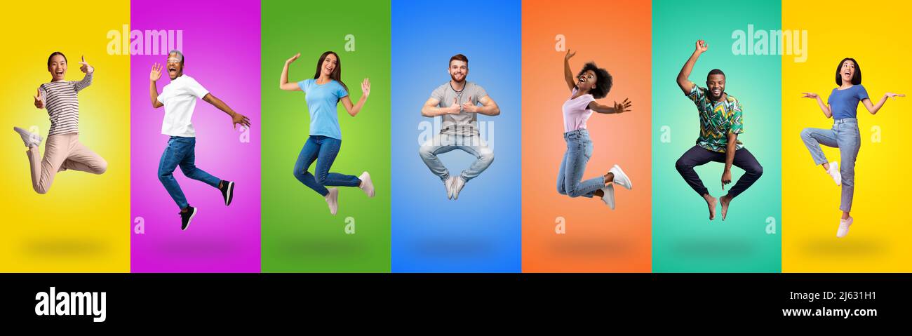 Happy multiracial millennials jumping up and gesturing, collection of ...