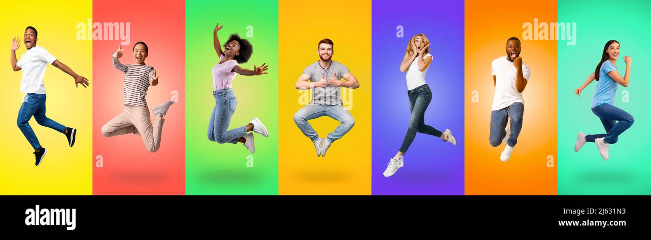 Emotional multiethnic millennials grimacing and gesturing on colorful ...
